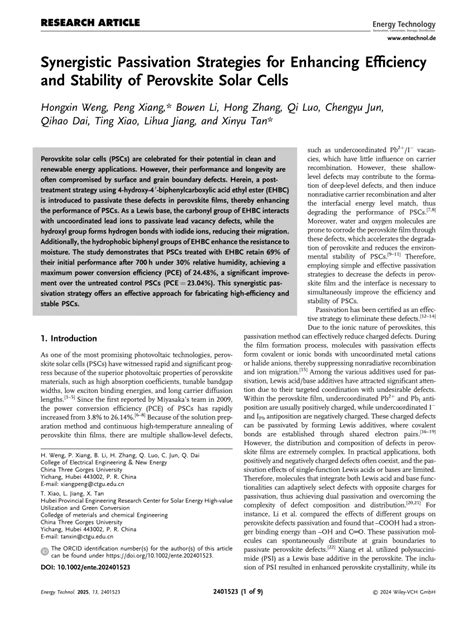 Synergistic Passivation Strategies For Enhancing Efficiency And