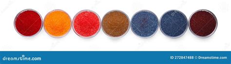 Glass Bowls With Different Food Coloring Isolated On White Top View