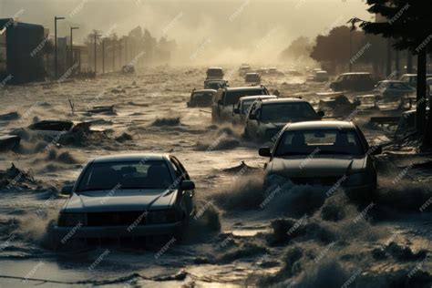Premium Photo Tsunami Aftermath Submerged Vehicles On City Roads