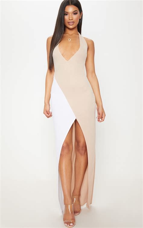 Robe Longue Nude Fendue À Partie Contraste Robes PrettyLittleThing