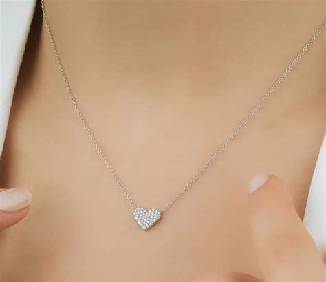 14k Solid White Gold Diamond Heart Necklace Minimalist Heart Etsy