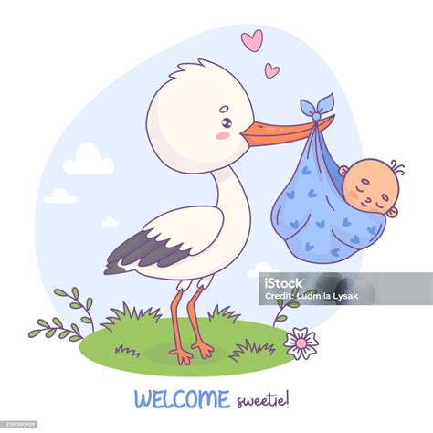 귀여운 황새가 풀밭에 서 있는 모습과 갓 태어난 아기 아이 벡터 일러스트 레이 션입니다 재미 있는 만화 새 Kawaii와 유아