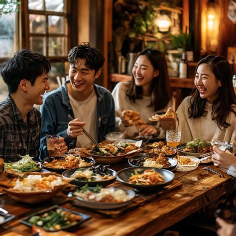 맛있는 음식을 먹으며 행복해하는 한국인 친구들 다양한 요리를 즐기고 웃으며 대화하는 모습 따뜻한 조명 아래에서 식사하는 장면 즐거운 분위기와 풍성한 음식이 담긴 테이블