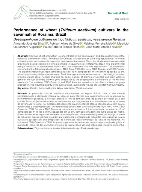 Pdf Performance Of Wheat Triticum Aestivum Cultivars In The Savannah Of Roraima Brazil