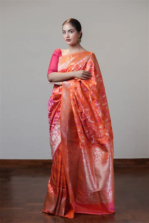 Handwoven Candy Orange Silk Saree Gulati Editions