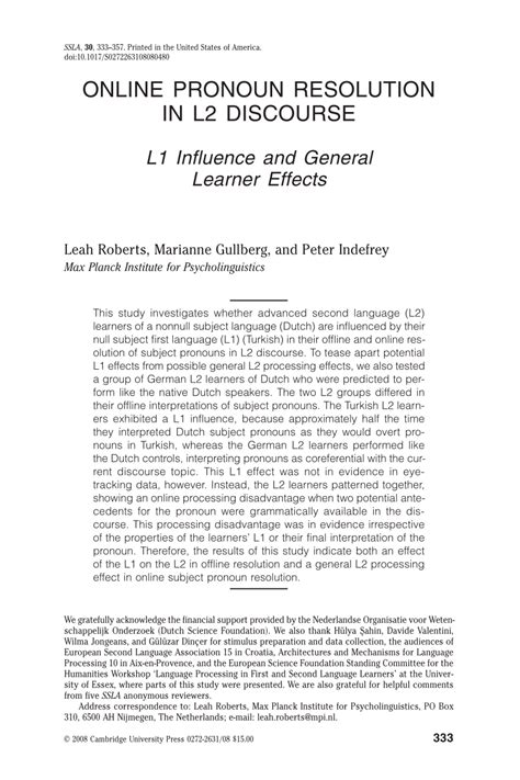 pdf online pronoun resolution in l2 discourse l1 influence and