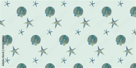 水彩風の貝殻とヒトデの背景パターン青 Stock Vector Adobe Stock