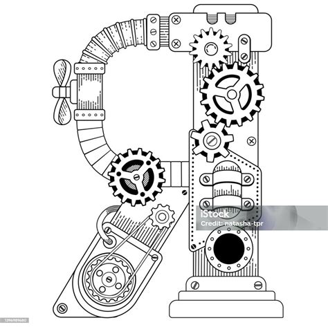 성인을위한 벡터 색칠 공부 책 스팀펑크 키릴 자모 문자 금속 기어로 만든 기계식 알파벳과 흰색 배경에 대한 다양한 세부 사항 기어 기계 부분에 대한 스톡 벡터 아트 및 기타