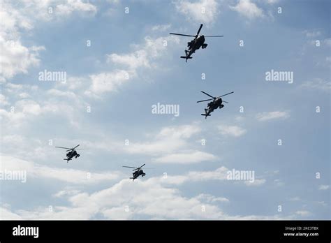 Boeing Ah 64 Attack Helicopters On Formation During Air Show Greek Air