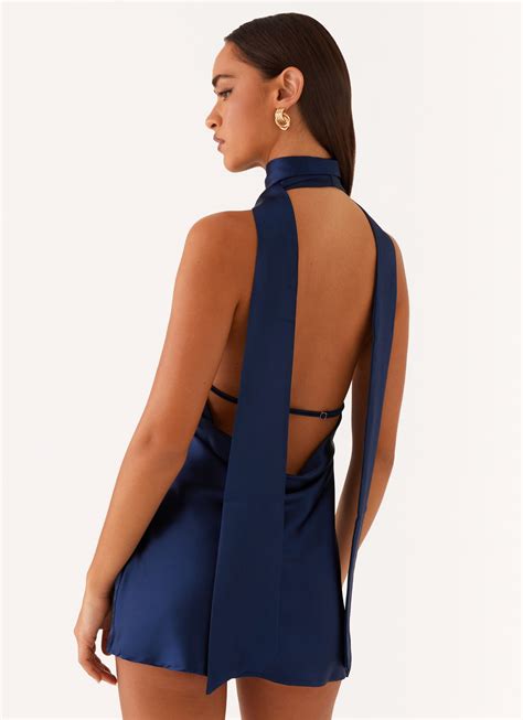 Alicia Satin Halter Mini Dress Navy Peppermayo Us