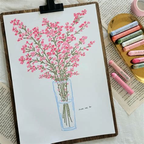 수진 On Instagram 핑꾸핑꾸💕💕 오일파스텔 오일파스텔드로잉 손그림 꽃그림 꽃다발 꽃드로잉 분홍꽃