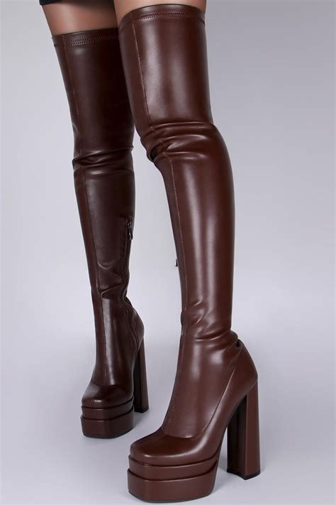 Faux Leather Double Platform Block Heel Thigh High Boots Blackredn