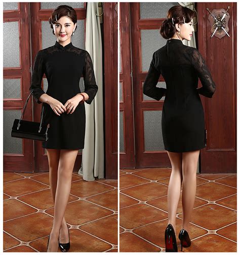 Elegant Modern Black Short Cheongsam Qipao Dress Qipao Cheongsam