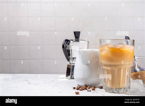 Homemade Iced Latte Coffee With Milk Poured Into Iced Coffee Espresso