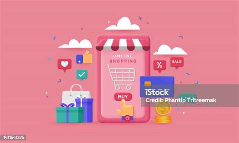 웹 사이트 전자 상거래 또는 휴대 전화 응용 프로그램 벡터 개념에 온라인 쇼핑 핑크 배경의 마케팅 및 디지털 마케팅 3d 벡터 Eps10 0명에 대한 스톡 벡터 아트 및