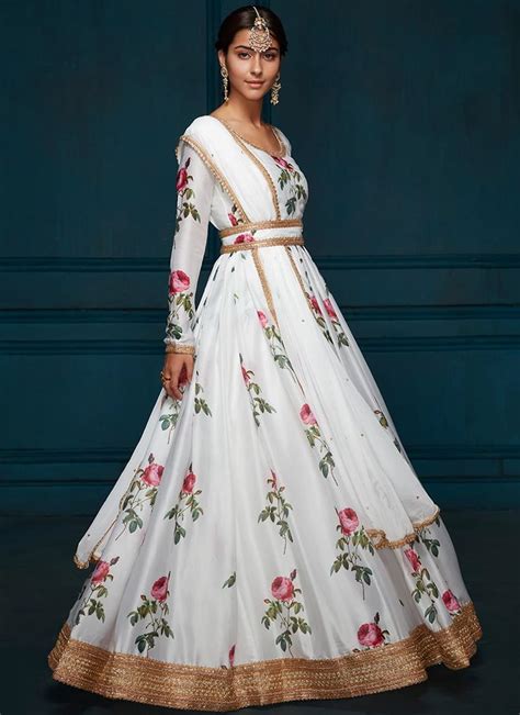 White Floral Printed Satin Anarkali Lashkaraa Vestiti