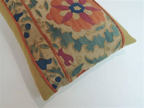 Antique Orange And Blue Embroidery Floral Suzani Decorative Lumbar