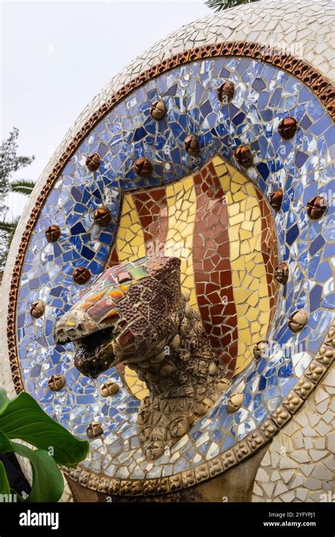 Close Up Of Emblematic Moscaic Tile Sculpture On The Monumental Staircase In Parc Guell