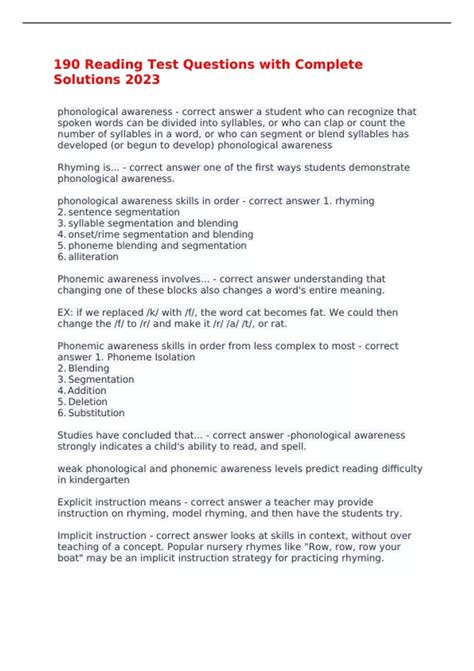 190 Reading Test Questions With Complete Solutions 2023 Reading Stuvia Us