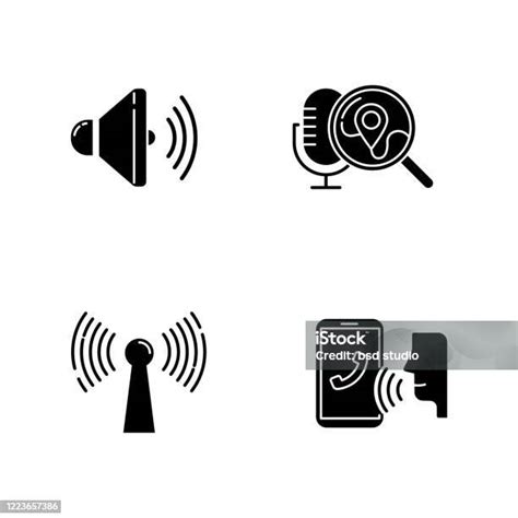 음성 제어 앱 문말 아이콘 설정 모바일 음성 명령 사운드 레코더 스마트 장치 검색 요청 혁신적인 무선 기술 실루엣 기호입니다 벡터 절연 그림 개념에 대한 스톡 벡터 아트 및