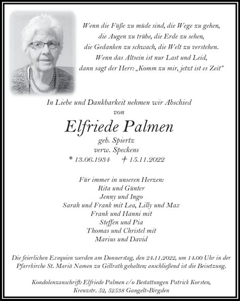 Traueranzeigen Von Elfriede Palmen Aachen Gedenkt