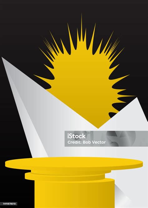 추상 노란색 흑백 실린더 받침대 연단 모형 제품 디스플레이 프레젠테이션을 위한 최소한의 무대 쇼케이스 벡터 3d 기하학적 형태 빈 장면 0명에 대한 스톡 벡터 아트 및 기타