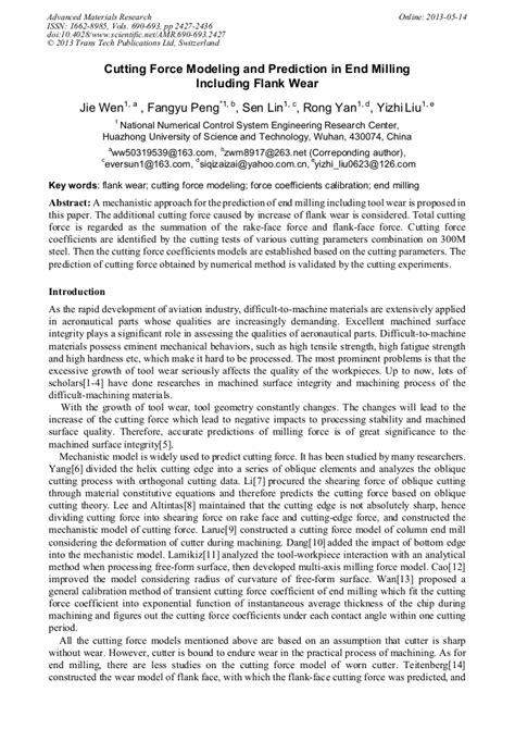 Cutting Force Modeling And Prediction In End Milling Including Flank Wear Scientificnet