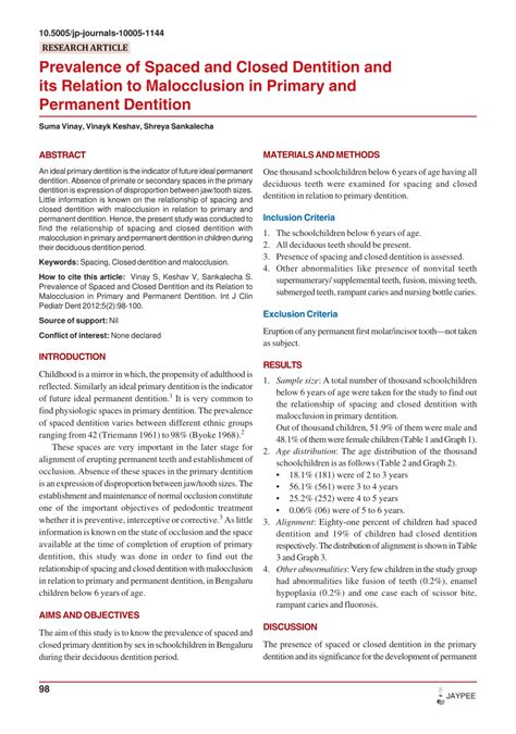 Pdf Prevalence Of Spaced And Closed Dentition And Its Relation To