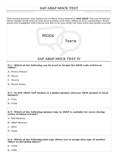 Sap Abap Mock Test Iv Pdf Computer Science Data