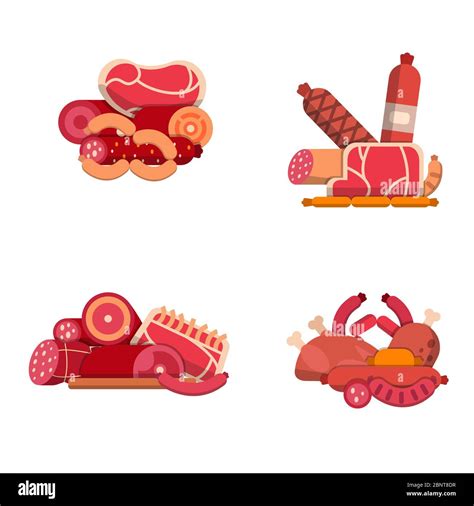 Vector Flat Meat And Sausages Icons Piles Set Isolated On White Background Illustration Stock