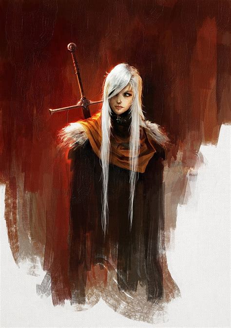 White Haired Person With Sword Illustration Warrior Fantasy Art HD