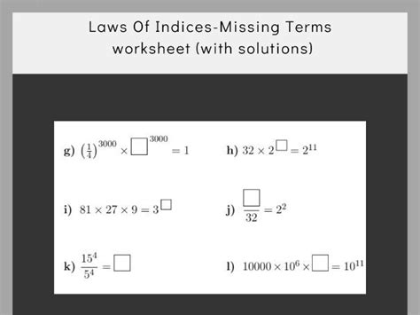 Laws Of Indices Missing Terms Worksheet With Solutions Teaching Resources