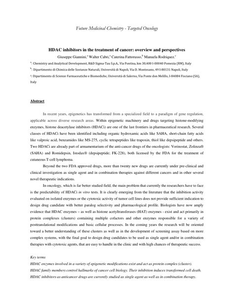 Pdf Hdac Inhibitors In The Treatment Of Cancer Overview And Perspectives