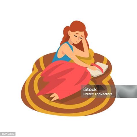 바닥 및 독서 책에 카펫에 누워 소녀 집에서 휴식 젊은 여자 지출 주말 휴식과 집에서 휴식 가정 벡터 일러스트 레이 션 귀여운에 대한 스톡 벡터 아트 및 기타 이미지