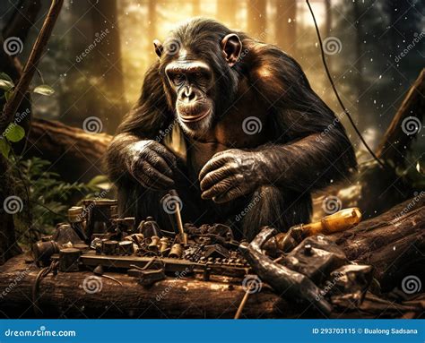 Ai Generated Illustration Wildlife Concept Of Chimp Using Tools Stock