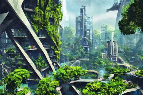 Eco Green City Of The Future Lakes And Lawns Covered With Green Roofs