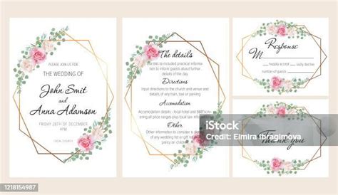 홍당무 핑크와 흰색 장미와 아름다운 현대 기하학적 결혼식 초대장 세트 이 웨딩 초대 서식 템플릿 세트에는 초대장 Rsvp 카드 세부 정보 및 감사 카드의 네 가지 템플릿이