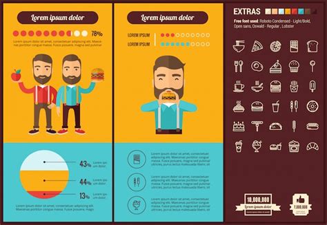 패스트 푸드 평면 디자인 Infographic 템플릿 및 아이콘 설정 프리미엄 벡터