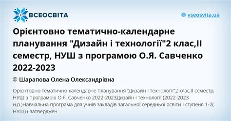 Орієнтовно тематично календарне планування Дизайн і технології2 клас ІІ семестр НУШ з