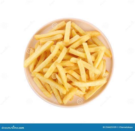 Plate With Delicious French Fries On White Background Top View Stock