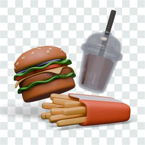 Realistic Burger Drink In Cup With Straw French Fries In Paper