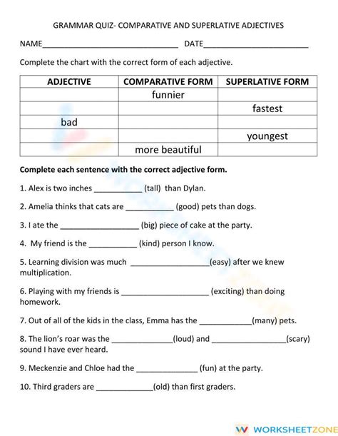 Comparative And Superlative Adjectives Quiz Worksheet