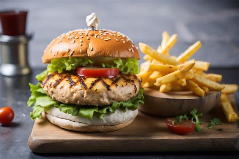 Hamburguesa De Pollo Con Papas Fritas En La Mesa Foto Premium