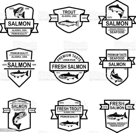 연어의 설정 송어 물고기 레이블 라벨 사인 포스터 디자인 요소입니다 가을에 대한 스톡 벡터 아트 및 기타 이미지 가을 강 개체 그룹 Istock
