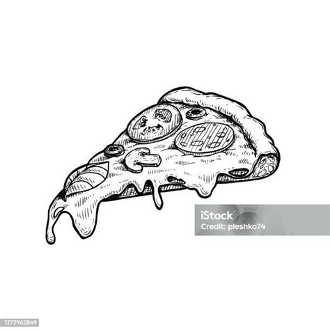 手繪素描風格的比薩餅片辣椒披薩 包括香腸番茄蘑菇片羅勒葉和融化的乳酪最適合比薩店套餐和功能表設計向量圖隔離在白色上向量圖形及更多薄餅圖片
