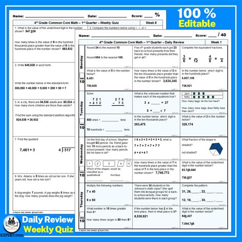 4th Grade Math Spiral Review Worksheets Q 1 ExperTuition