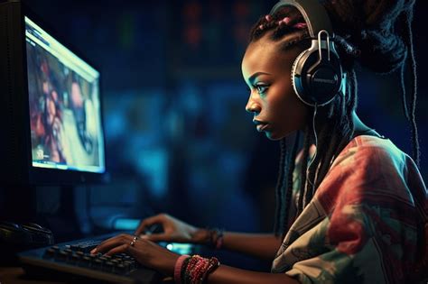 Premium Photo A Woman Wearing Headphones Using A Computer