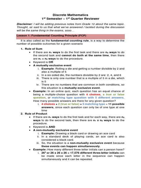 Q1 Discrete Mathematics Reviewer Pdf Multiplication Permutation