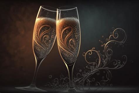 Premium Ai Image Two Glasses Champagne Black Background Generative Ai