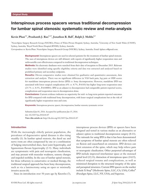 Pdf Interspinous Process Spacers Versus Traditional Decompression For Lumbar Spinal Stenosis